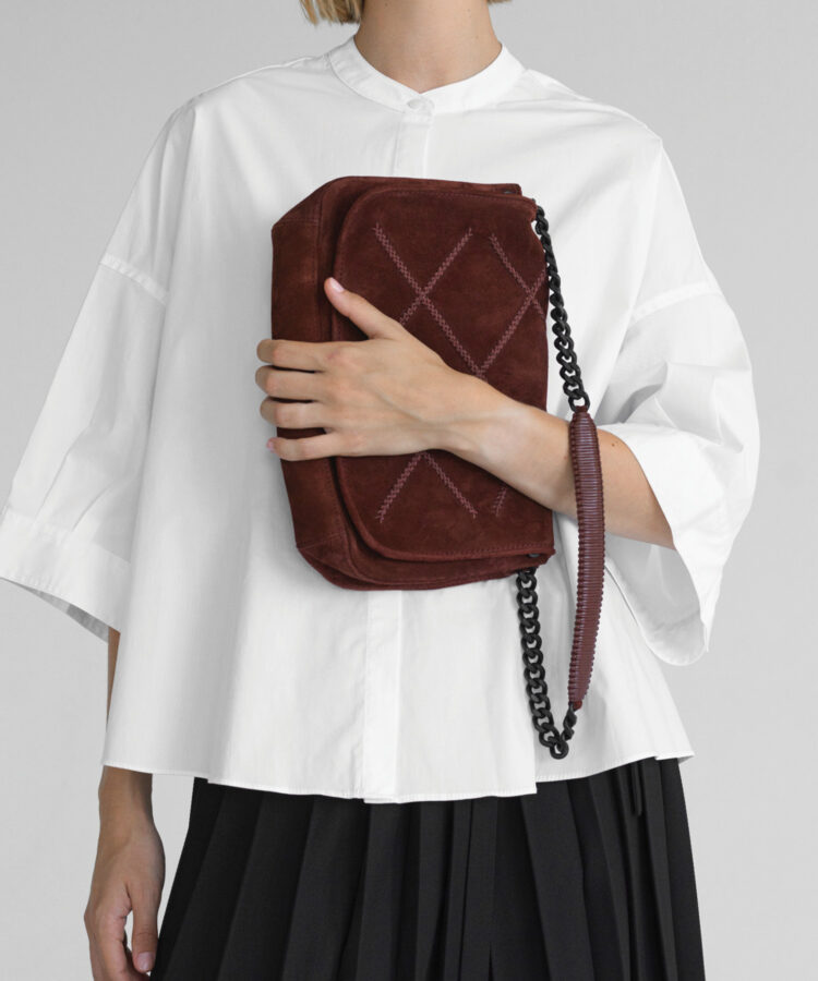 Short Flap Bag in Chestnut Suede Leather - Callista